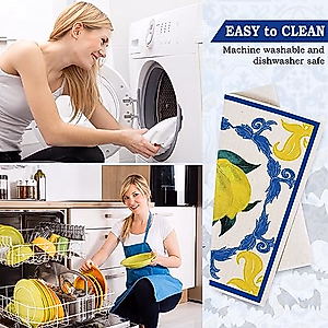 AnyDesign 6 Pack Lemon Swedish Dishcloth Blue White Tiles Lemon Kitchen Dish Towel Reusable Washable Cotton Kitchen Towel for Counter Cleaning Baking Cooking, 7 x 8 Inch