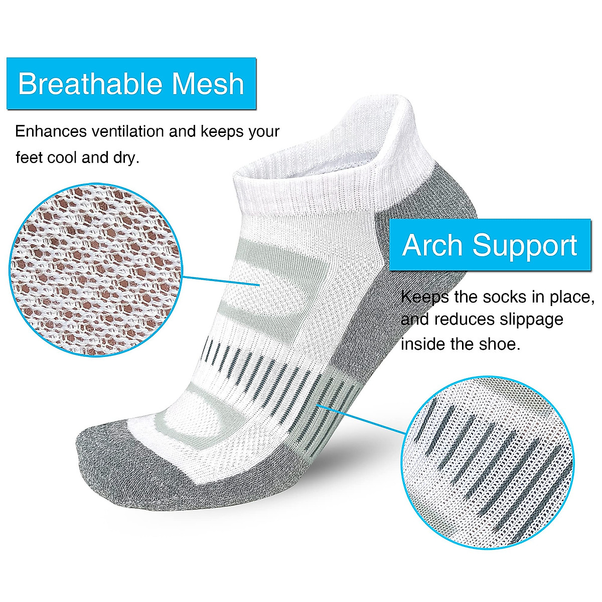 APTYID Women's Ankle Socks Athletic Cushioned Running, Size 6-9, White, 6 Pairs