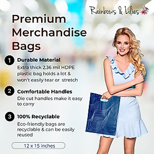 Rainbows & Lilies 100 Merchandise Bags 12x15 - Plastic Bags with Handles, Retail Shopping Bags for Small Business, Goodie Bags for Party Favors, T-Shirts, Gift Bags Bulk - Thick Reusable Bags (Blue)