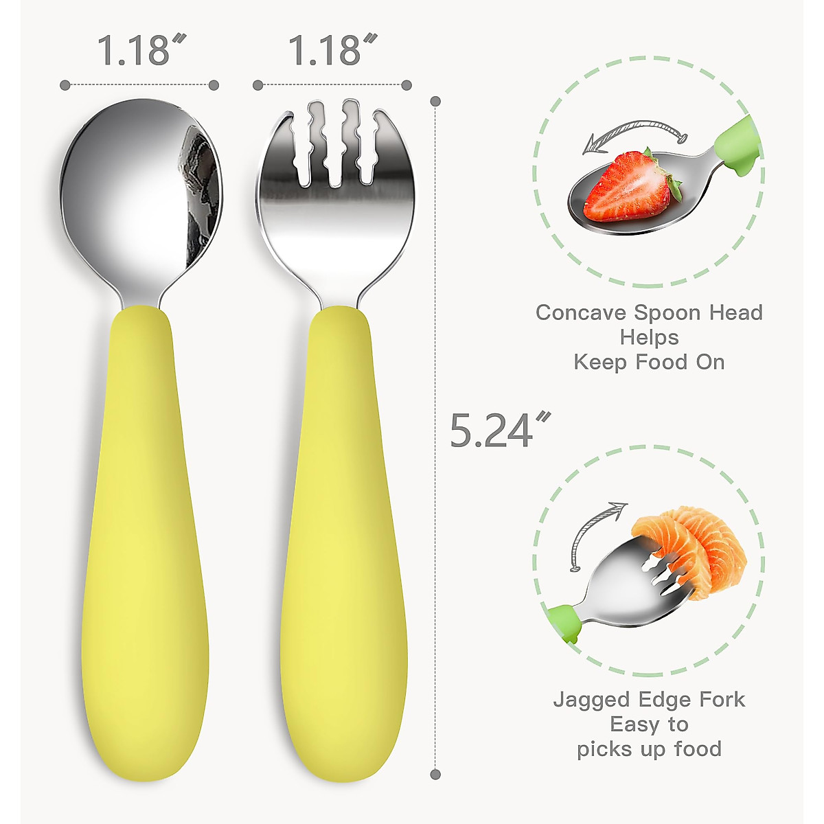 Toddler Utensils with Silicone Handle,6 pcs Kids Silverware Set,Baby Forks and Spoons for Self-Feeding,Green Yellow Navy