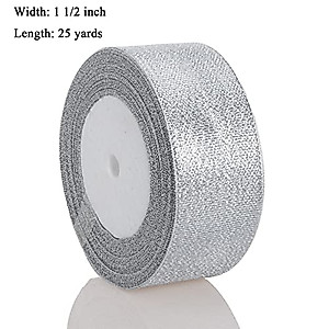YASEO 1 1/2 Inch Silver Glitter Ribbon, 25 Yards Sparkly Metallic Fabric Ribbons for Gifts Wrapping Wedding Party Decoration and Crafts