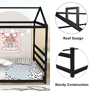 Bellemave Queen Size Metal Floor Bed for Kids,Montessori Floor Bed with Roof,House Bed for Boys Girls,Metal House Shape Platform Bed,Black