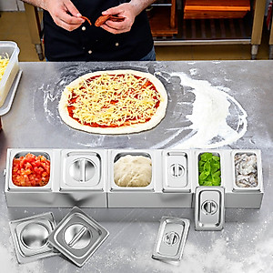 Pizza Topping Station Stainless Steel, 6 Seasoning Containers with Lid, Condiment Tray for Prepping Toppings, Pizza Oven Accessories, Grill Table Cart Topping Station, C-Clamp for Different Tabletop