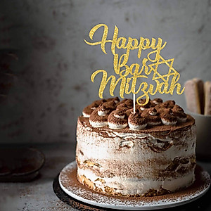 LILIPARTY Gold Glitter Happy Bar Mitzvah,Mitzvah Cake Topper,Elegant Star of David Mitzvah Cake Topper,Jewish Birthday Cake Topper,Jewish Holiday Party Supplies