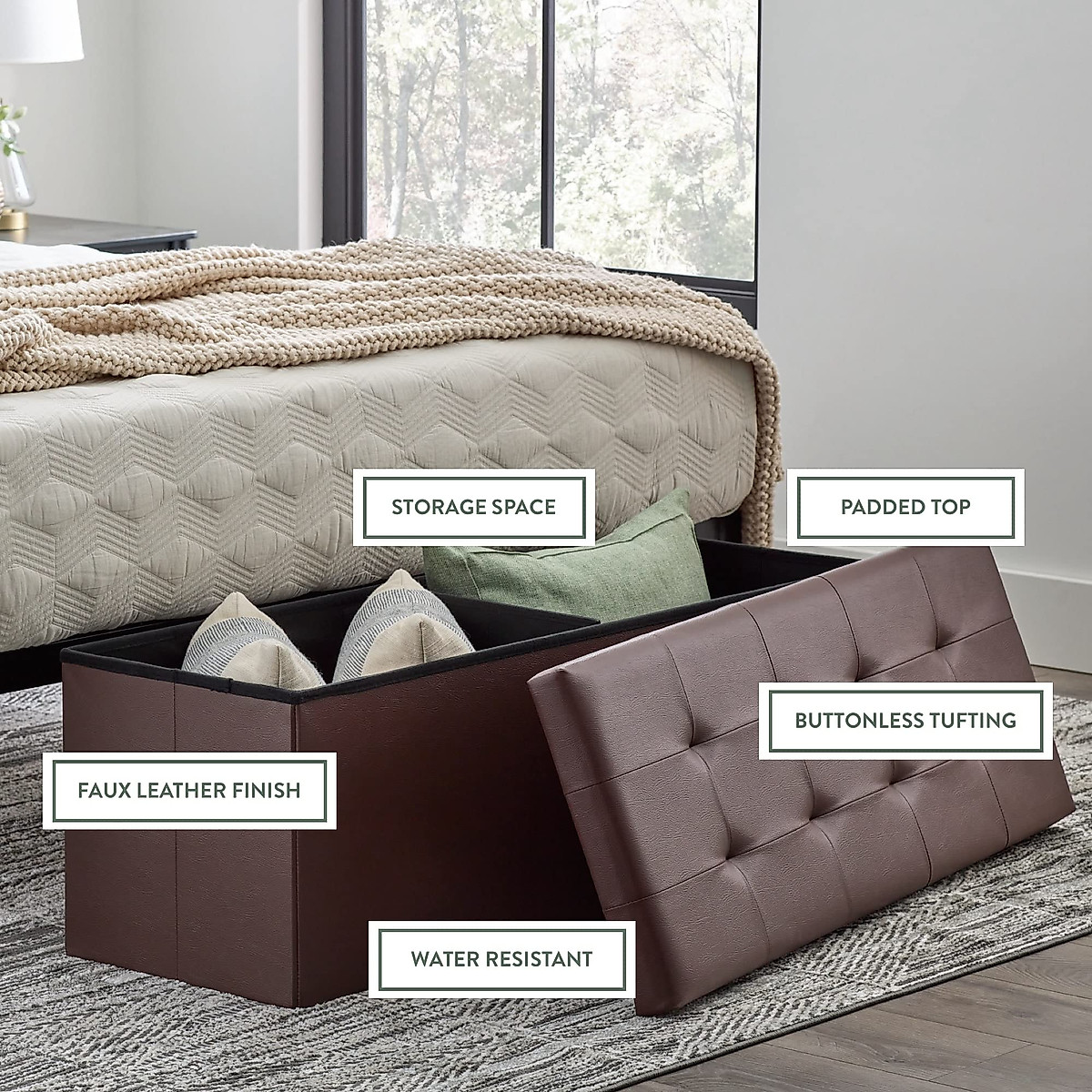Edenbrook 43 Inch Bench Seat Storage Ottoman - Tufted Ottoman -Foot Rest-Holds 330 lbs, Brown Faux Leather