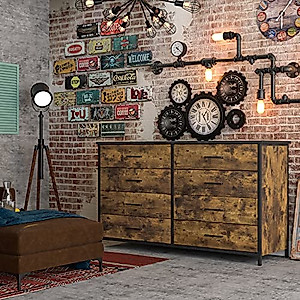 IKENO 8 Drawer Dresser, Industrial Wood Storage Dressers & Chests of Drawers with Sturdy Steel Frame, Storage Dresser for Bedroom Wood (Rustic Brown)