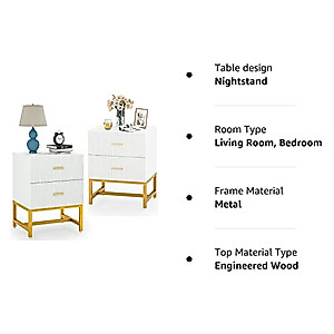 Tribesigns 2-Drawer Nightstand Set of 2, Modern Striped Night Stands Bed Side Table with Storage, White and Gold End Table Wood Metal Side Table for Living Room, Bedroom