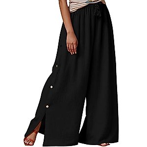 Dokotoo 2023 Fashion Cotton Wide Leg Linen Pants for Women Spring Summer Solid Elastic High Waist Drawstring Side Button Split Long Pants Beach Sport Office Jogging Jogger Black M