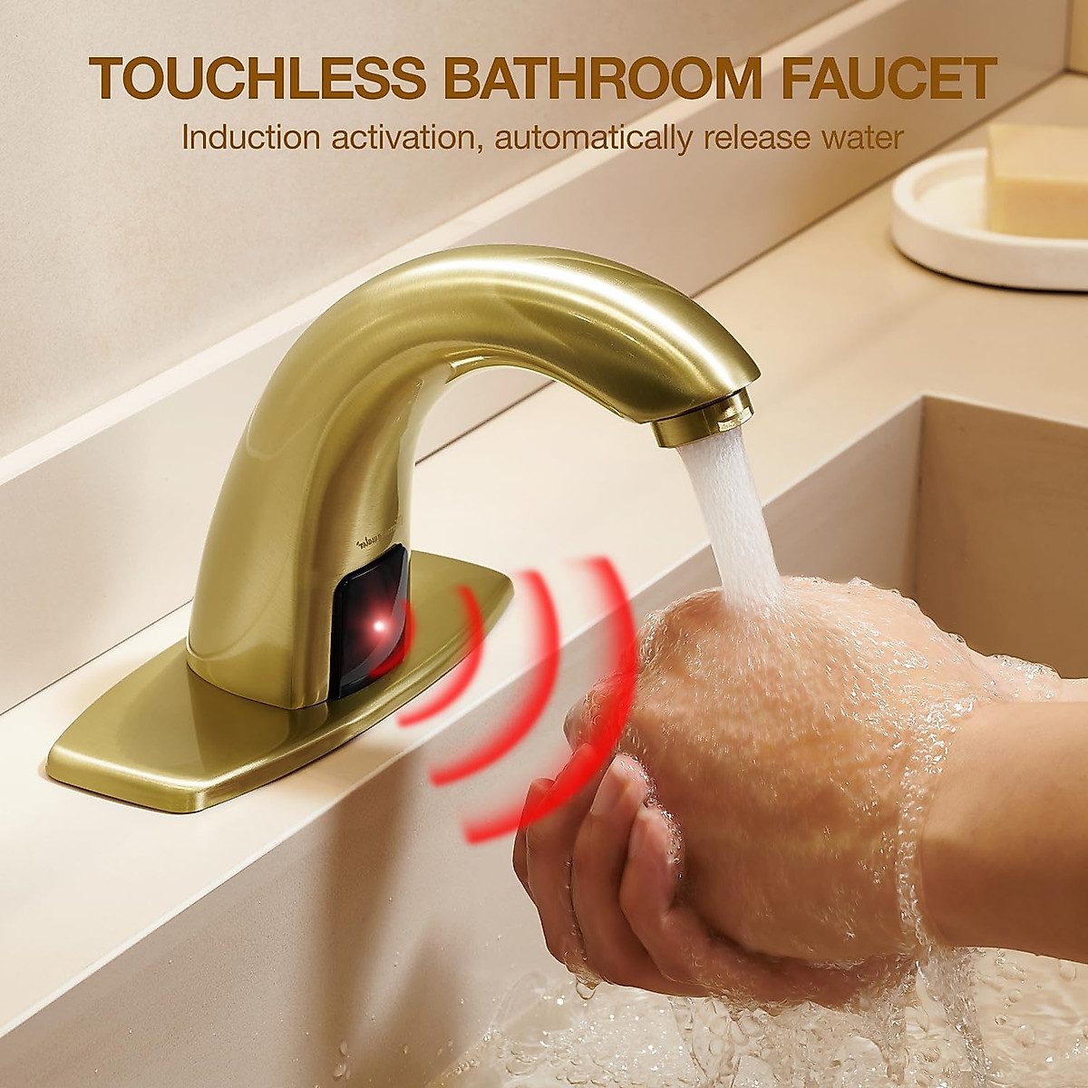 Charmingwater Touchless Bathroom Sink Faucet, Motion Automatic Sensor Faucet with Hole Cover Plate, Brushed Gold