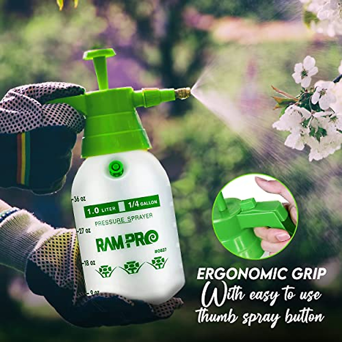 Garden Sprayer, ¼ Gallon Pump Sprayer, 1L Weed Sprayer, 34 Oz Water Sprayer | Pump Spray Bottle For Lawn Sprayer, Plant Mister, Safety Valve & Adjustable Brass Nozzle, Pressure Hand Sprayer By Ram Pro