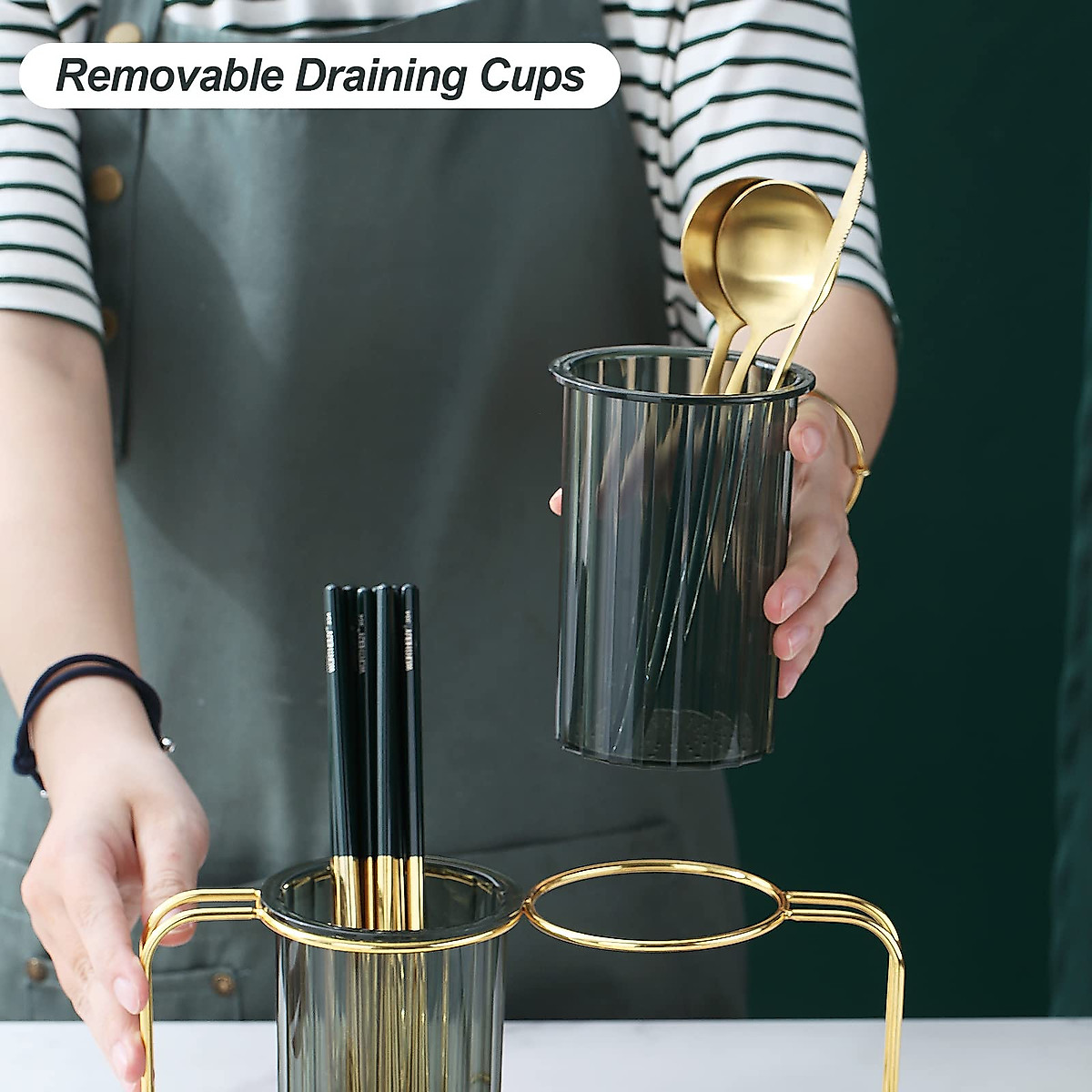 WORTHBUY Silverware Organizer Flatware Utensil Caddy Stainless Steel Kitchen Utensil Holder Cutlery Holder with DrainTray for Kitchen Countertop 2 Compartments(Gold)