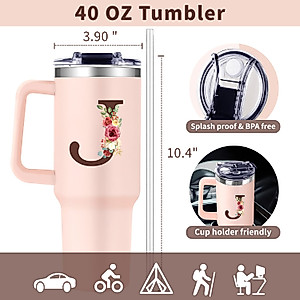 Monogrammed 40oz Tumbler with Handle for Women, Personalized Birthday Gifts for Women,Initial Cups for Girl Floral Letter J,Customized Gifts for Woman Lady Gift for Mothers Day Christmas