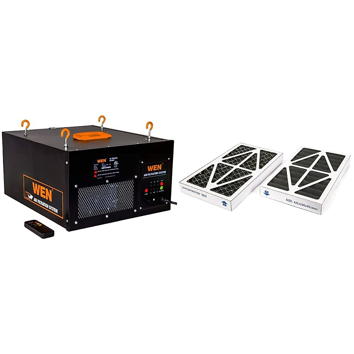 WEN 3410 3-Speed Remote-Controlled Air Filtration System, Basic w/RF Remote (400 CFM), Black & AF9165C 5-Micron Activated Carbon Outer Air Filter, Two Pack For 400 CFM Air Filtration Systems, Black