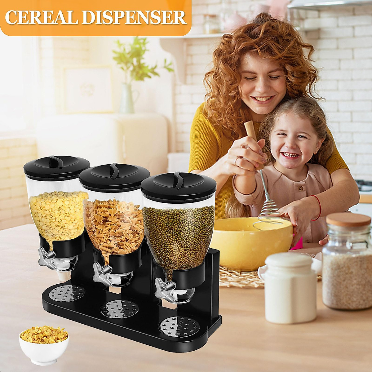 Hedday Triple Canister Cereal Dispenser, Plastic Dry Food Cereal Dispenser Container Machine Storage Bottles for Home and Kitchen(Black)