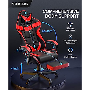 Soontrans Red Gaming Chairs with Footrest,Racing Gaming Chair,Computer Gamer Chair,Ergonomic Game Chair with Adjustable Headrest and Lumbar Support
