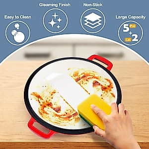 HaSteeL 2 in 1 Enameled Cast Iron Dutch Oven, 5 QT Pot & 2 Quart Skillet Lid Pan, Non-Stick Cookware Multi Cooker for Bread Baking Cooking Stewing, Suit for All Cooktops, Dual Handles & Oven Safe, Red