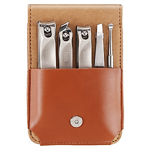 Eryu Nail Clippers Set (5Pcs), Stainless Steel Fingernail Clippers for Men & Women, with Leather Portable Travel Case, Professional Fingernail & Toenail Clippers for Thick Nails - Dad & Mom Gifts