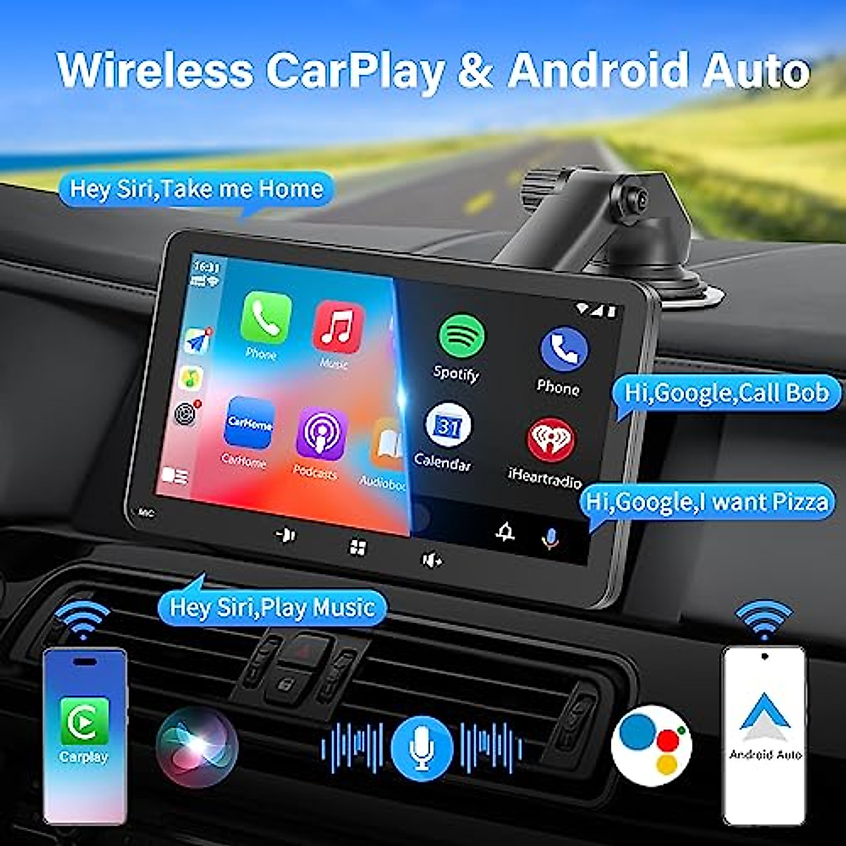 Portable Apple Carplay,Wireless Carplay and Android Auto，7'' Touch Screen Car Stereo,Car Radio with Backup Camera,Wireless AirPlay,Mirror Link,Bluetooth 5.0 Handsfree/FM/AUX/MIC/USB/TF