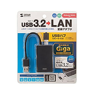 Sanwa Supply USB-CVLAN3BKN USB 3.2 to LAN Converter Adapter (with USB Hub Port, Black)