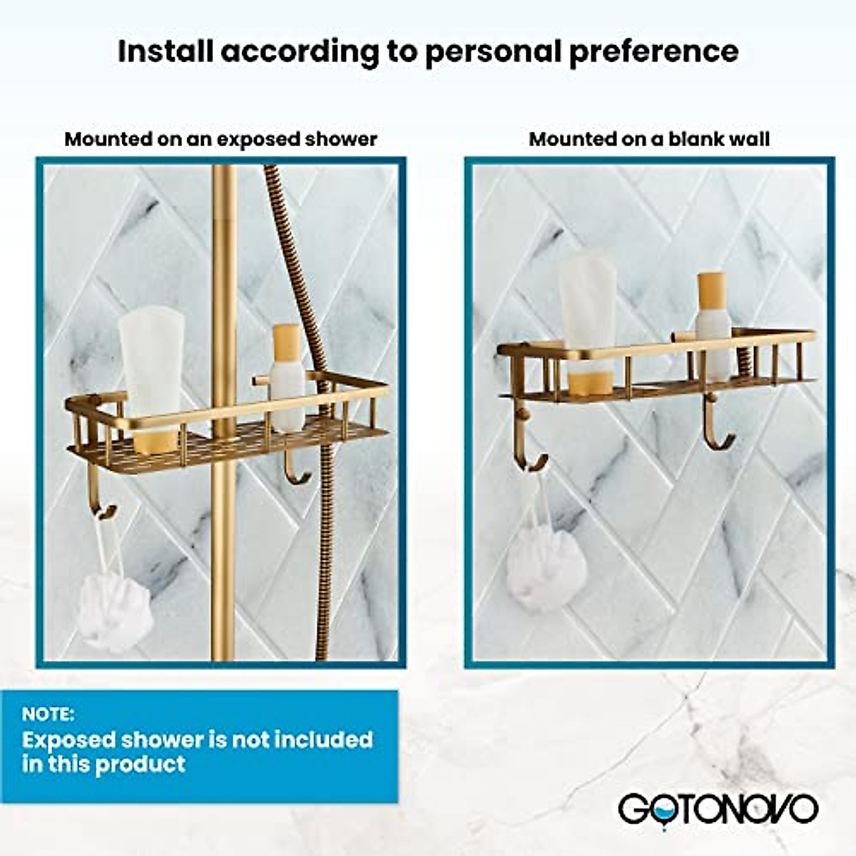 gotonovo Bathroom Shower Shelf Wall Mount Solid Brass Essential Shower Rack Single Pack One Layer Antique Brass Bathroom Shower Rack Basket Arm Mount Shower Storage