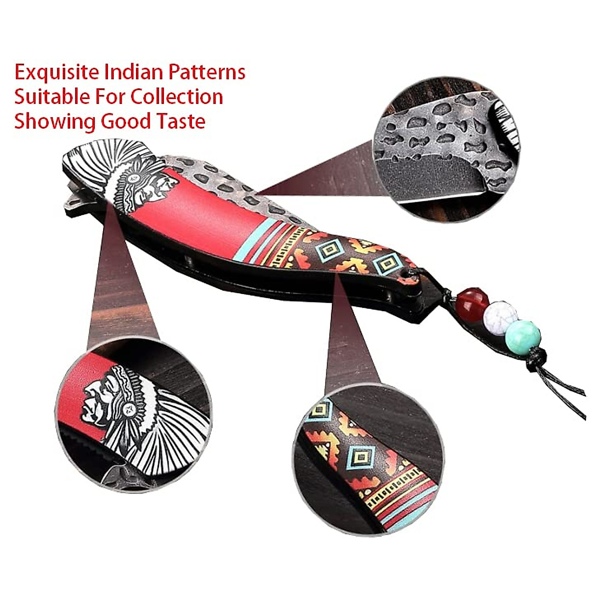 Labstandard American Indian Style Pocket Folding Knife with 3.5”Stainless Steel blade and Acrylic and Steel Handle with liner-lock and knife tail (black)