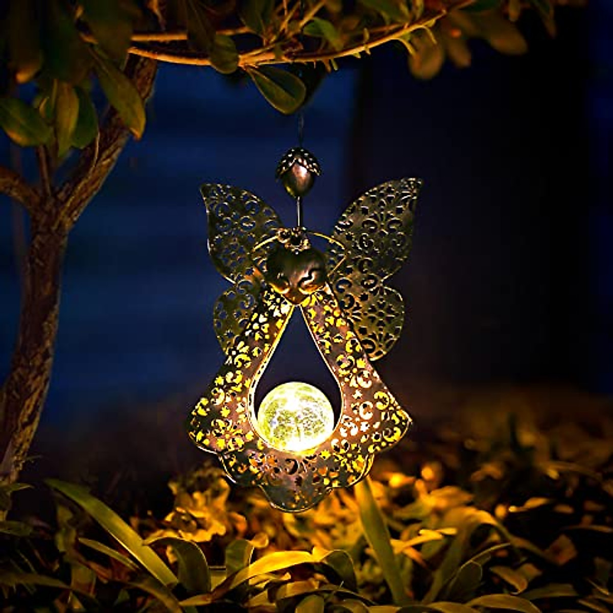 GOODME Hanging Solar Lights Outdoor Waterproof LED Solar Lantern Metal Angel Memorial Gift with Crackle Globe Glass Decoration for Porch,Patio,Yard,Garden