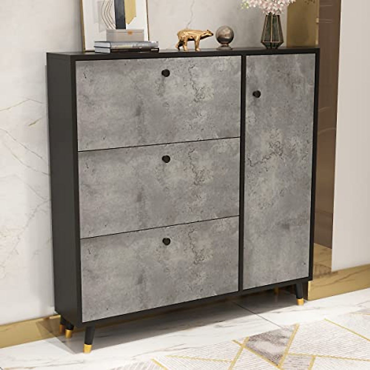 FUFU&GAGA Shoe Cabinet with 3 Flip Drawers & 1 Door for Entryway, Modern Shoe Storage Cabinet, Freestanding Shoe Rack Storage Organizer (Black/Grey, 47.2“W x 9.4" D x 47.2" H)