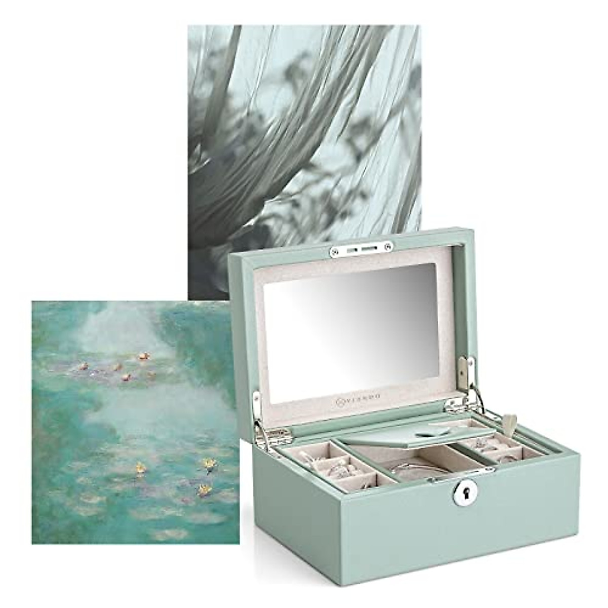 Vlando Lockable Jewelry Box, Two Tray Jewelries Collections Organizer, Girls Gift -Aqua Green