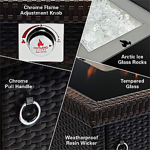 Outland Living Series 403 Brown 44-Inch Outdoor Propane Gas Fire Pit Table, Black Tempered Tabletop w/Arctic Ice Glass Rocks and Resin Wicker Panels (Espresso Brown/2-Pack 20 LB Tonga Torch)