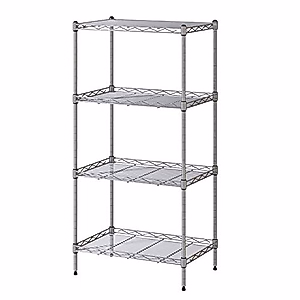 VOONEEN 4 Tier Shelf Shelving Units, Multipurpose Metal Modern Small Storage Rack with 4 Hooks, Stainless Steel Wire Organisation Suitable For Pantry Kitchen Livingroom Bathroom Office, 45*30*90 CM