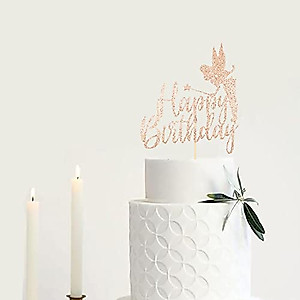 Tinker Bell Happy Birthday Cake Topper, Fairy Tinkerbell Disney Princess Girls Birthday Party Cake Decorations, Rose Gold Glitter