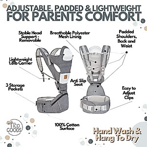 TICO GOODS Baby Carrier with Hip Seat- 6 in 1 Baby Carrier with Seat and Head Support, Baby Carrier Newborn to Toddler, Baby Carrier for Men, Baby Carrier Backpack, Kangaroo Baby Carrier 25-60 lbs