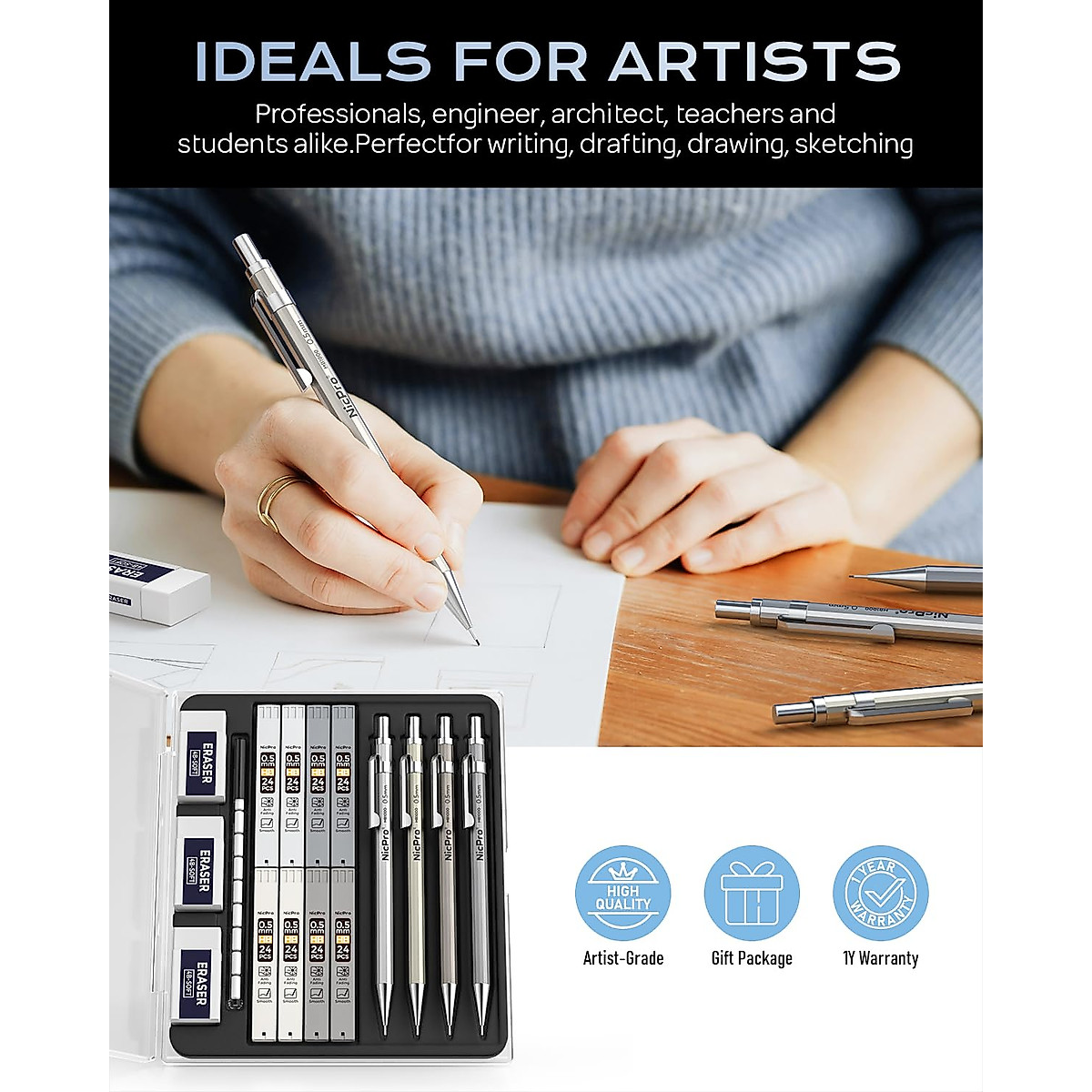 Nicpro 4 Pack 0.5mm Mechanical Pencil Set with Case, Metal Mechanical Pencil Drafting Pencil Lead 0.5mm for Artist Writing, Sketching, Drawing, 8 Tube HB #2 Refill, 3 PCS 4B Eraser, 9 Eraser Refill