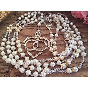 San Joaquin Creations Non-catholic Wedding Lasso Ivory Color Crystal Pearls Gold Plated With Rhinestones Heart/Lazo De Boda No Catolico