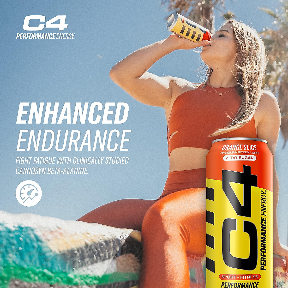 C4 Energy Carbonated Zero Sugar Energy Drink, Pre Workout Drink + Beta Alanine, Orange Slice, 16 Fl Oz (Pack of 12)