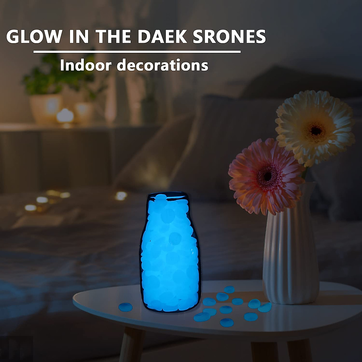 Glow in The Dark Rocks Outdoor Decorative Stones (1000 PCS White Glows Blue) Small Luminous Pebbles for Garden Walkway Fish Tank Aquarium Planter Vase Filler