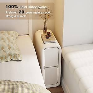 KASLANDI Narrow Nightstand with Drawers - Solid Wood Nightstand with Leather Surface, Small White Bedside Table for Bedroom