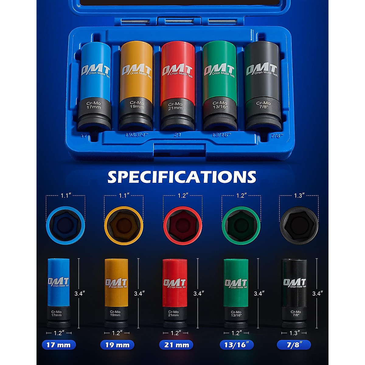 Orion Motor Tech 1/2" Drive Lug Nut Socket Set, Metric 17 19 21 mm & SAE 13/16 7/8 in. Wheel Socket Set, 5pc Impact Lug Nut Socket Set, Thin Wall Lug Nut Socket Set with Colored Protective Covers