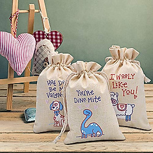 JOYIN 28 Valentine Drawstrings Canvas Bags with 3 Pens, 4x5.75 Inch Drawstring Pouch Candy Gift Linen Pockets for Kids Party Favor, Classroom Exchange Prizes