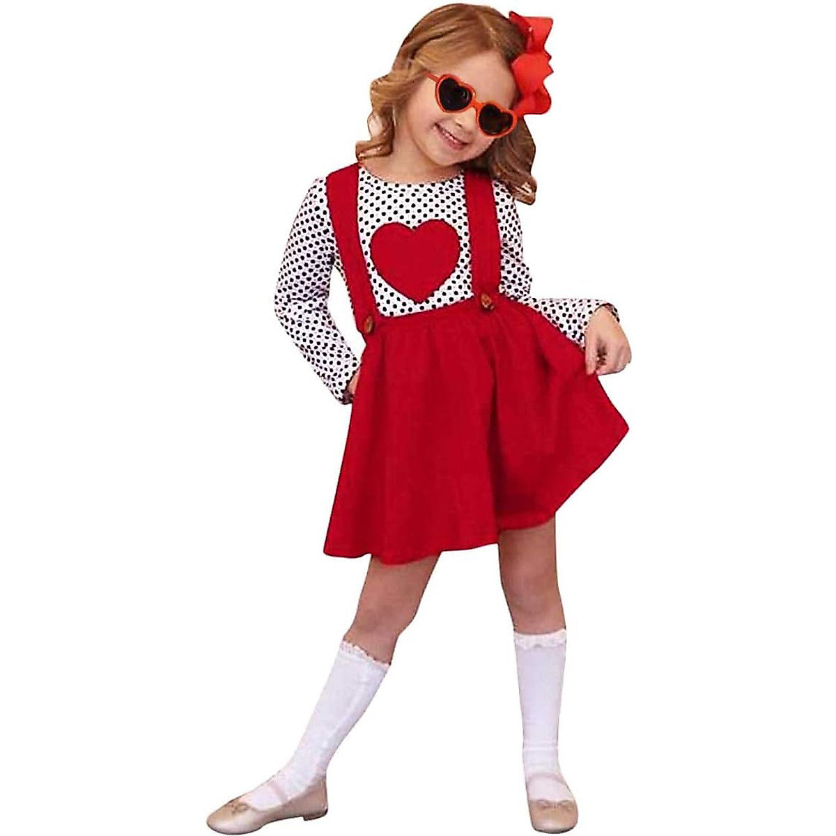 YOUNGER TREE Toddler Baby Girl Valentine's Day Outfit Long Sleeve Dot Heart Shirt Top+Suspender Strap Red Skirts Set(6M-5T) (Red, 3-4 y)