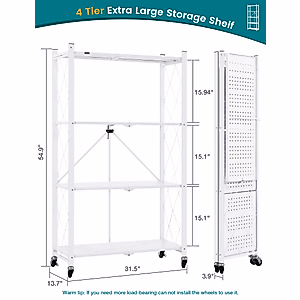 ALANNG Folding Storage Shelves with Wheels, Bookshelf with Storage, No Assembly Metal Rack Shelf for Kitchen, Office, Laundry, Garage (4 Tier, White)