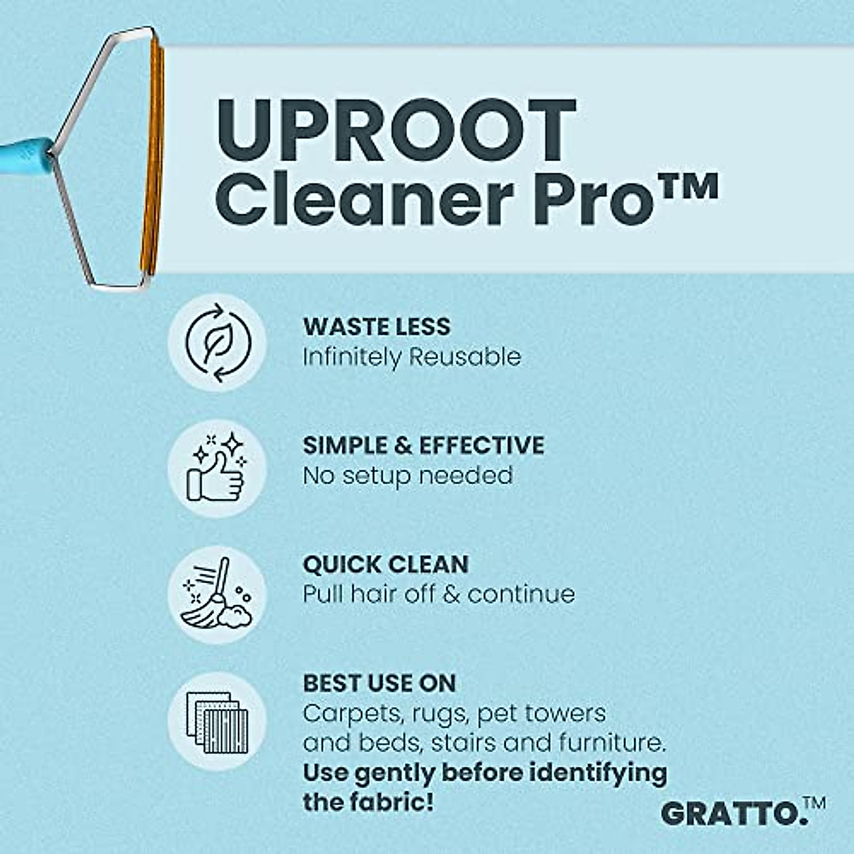 Uproot Cleaner Pro Reusable Cat Hair Remover - Special Dog Hair Remover Multi Fabric Edge and Carpet Scraper by Uproot Clean - Easy Pet Hair Remover for Couch, Pet Towers & Rugs - Gets Every Hair!