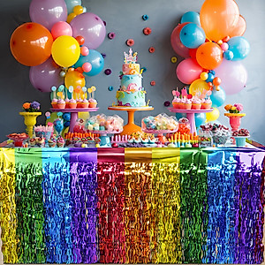 6 Pack Rainbow Wavy Table Skirt Party Decorations 30x108 Inch, Rainbow Party Table Decorations, Rainbow Metallic Foil Tinsel Table Skirts for Birthday Wedding Engagement Bridal Shower Party Supplies
