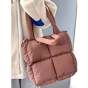 Puffer Tote Bag Women's Glossy Quilted Zipper Closure Puffy Tote Bag Down Padded Shoulder Bag Cute Handbag Aesthetic Handbag (Z-Brown)
