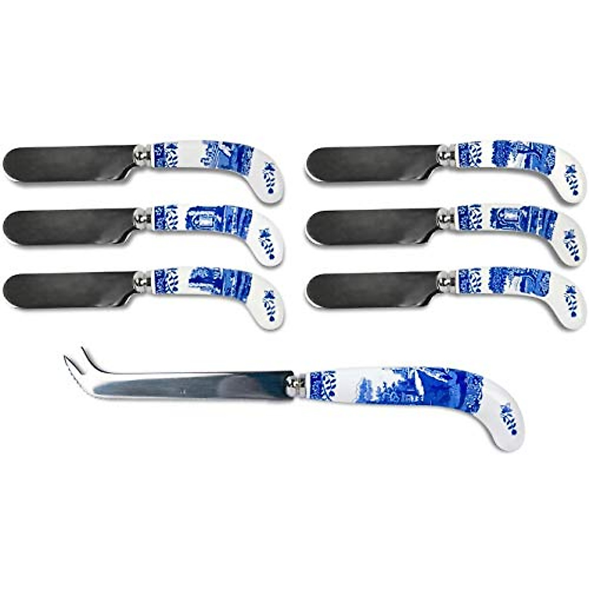 Spode Blue Italian Collection Cheese Knife and Spreaders, Set of 6, Stainless Steel, Porcelain Handle, 4.75-Inches, Jam Spreader, Butter, and Pastry Knife