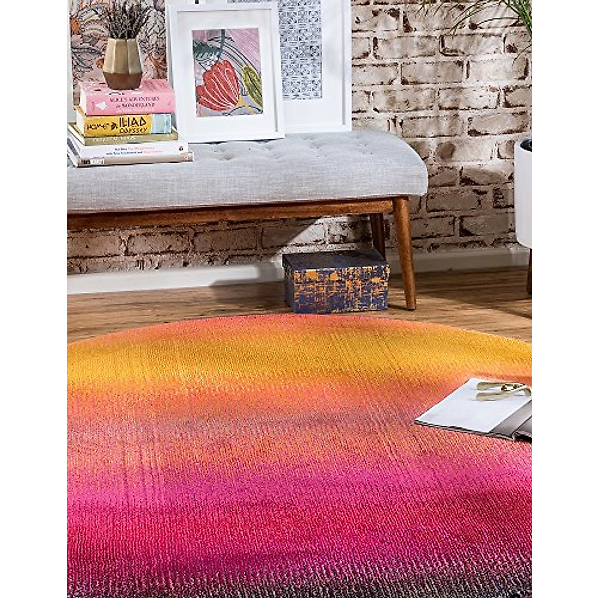Unique Loom Estrella Collection, Gradient, Sunset, Abstract, Bright Colors Area Rug, 6' 1" x 6' 1", Pink/Gold