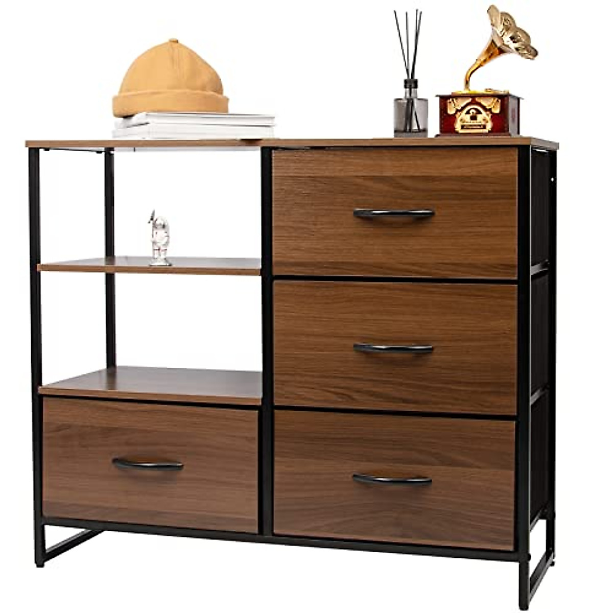 CONNOO Fabric Dresser with 4 Drawers and 2 Side Shelf, Lightweight Industrial Storage Unit Organizer for Entryway, Bedroom, Nightstand, Office, Kitchen