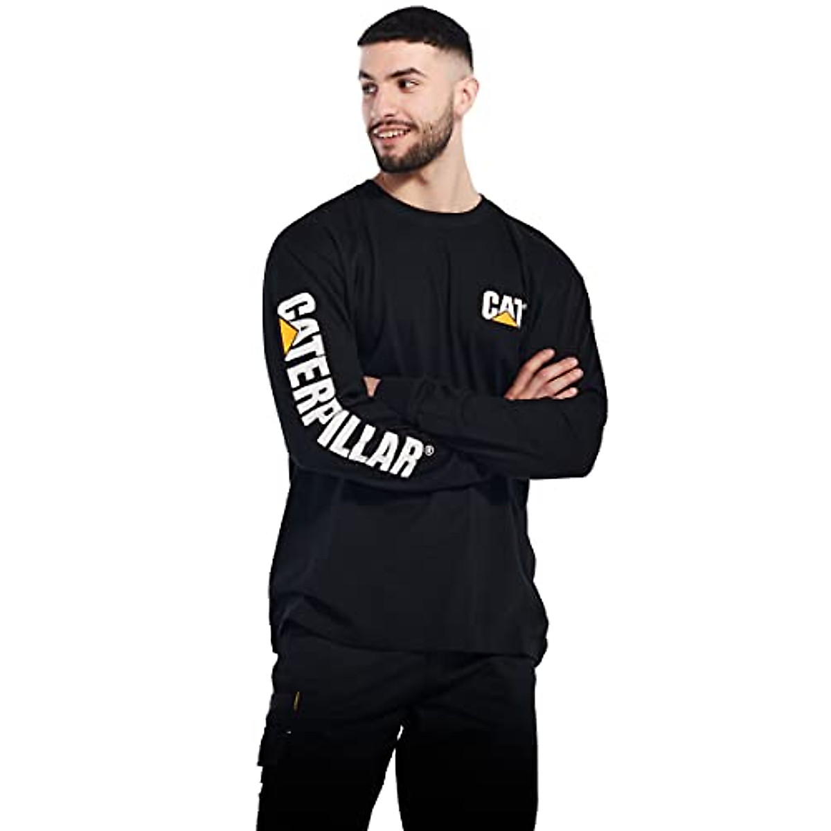Caterpillar Men's Trademark Banner Long Sleeve Tee Shirts with Center Back Neck Wire Management Loop and CAT Logo, Black, X Large