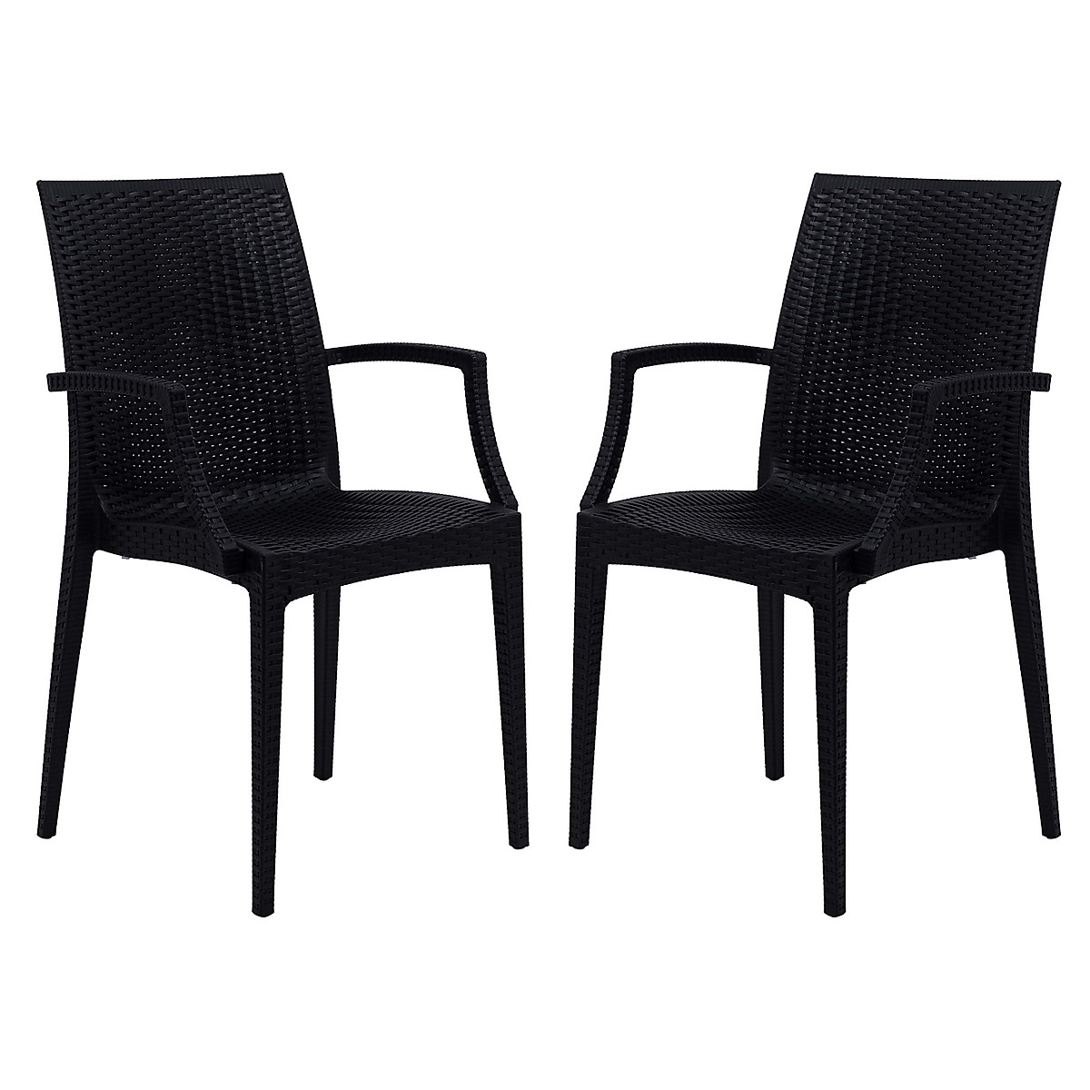 LeisureMod Hickory Weave Indoor Outdoor Patio Dining Side Armchair Set of 2 (Black)