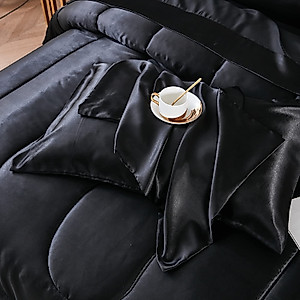 Black Silky Comforter Set Satin Queen Bed in a Bag 8 Pieces Luxury Hotel Silky Bedding with 1 Comforter, 1 Flat Sheet, 1 Fitted Sheet, 4 Pillowcases, 1 Cushion Cover (Queen, Black)